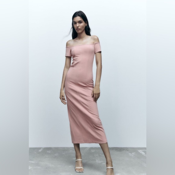 Zara | Dresses | Nwt Zara Off The Shoulder Pink Long Split Back Hem ...